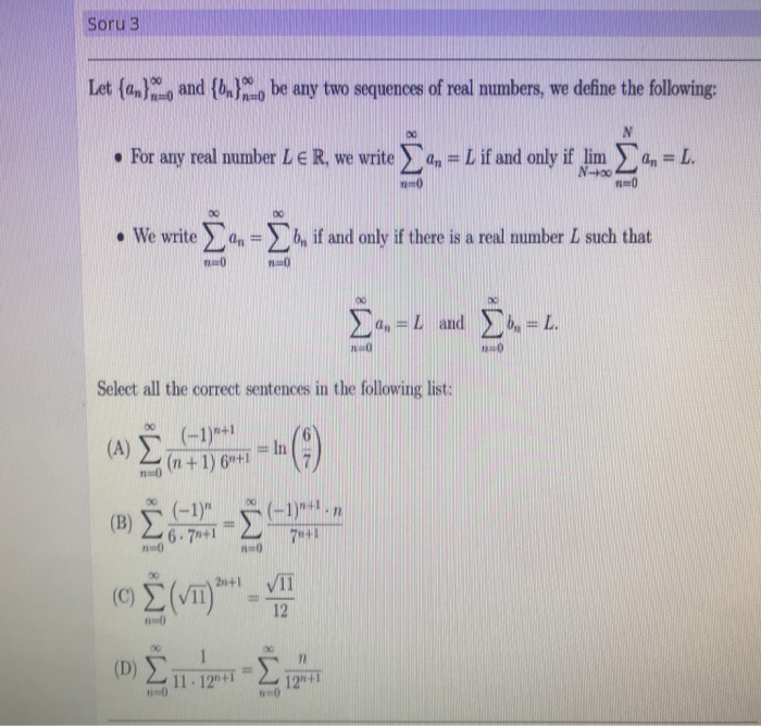 Solved Soru 3 Let {am) no and {bn}mto be any two sequences | Chegg.com