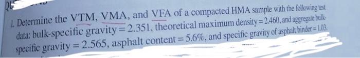 Solved 1. Determine the VTM, VMA, and VFA of a compacted HMA | Chegg.com