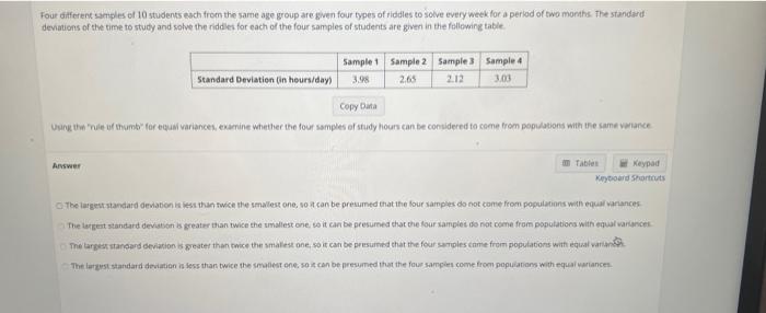 Solved Four different samples of 10 students each from the | Chegg.com