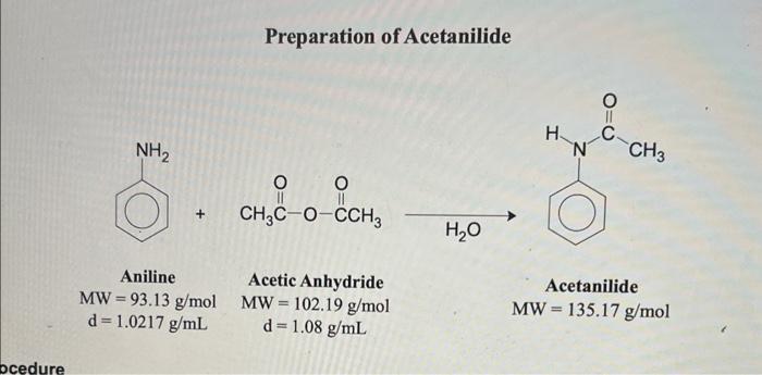 Solved Preparation of Acetanilide Aniline MW =93.13 | Chegg.com