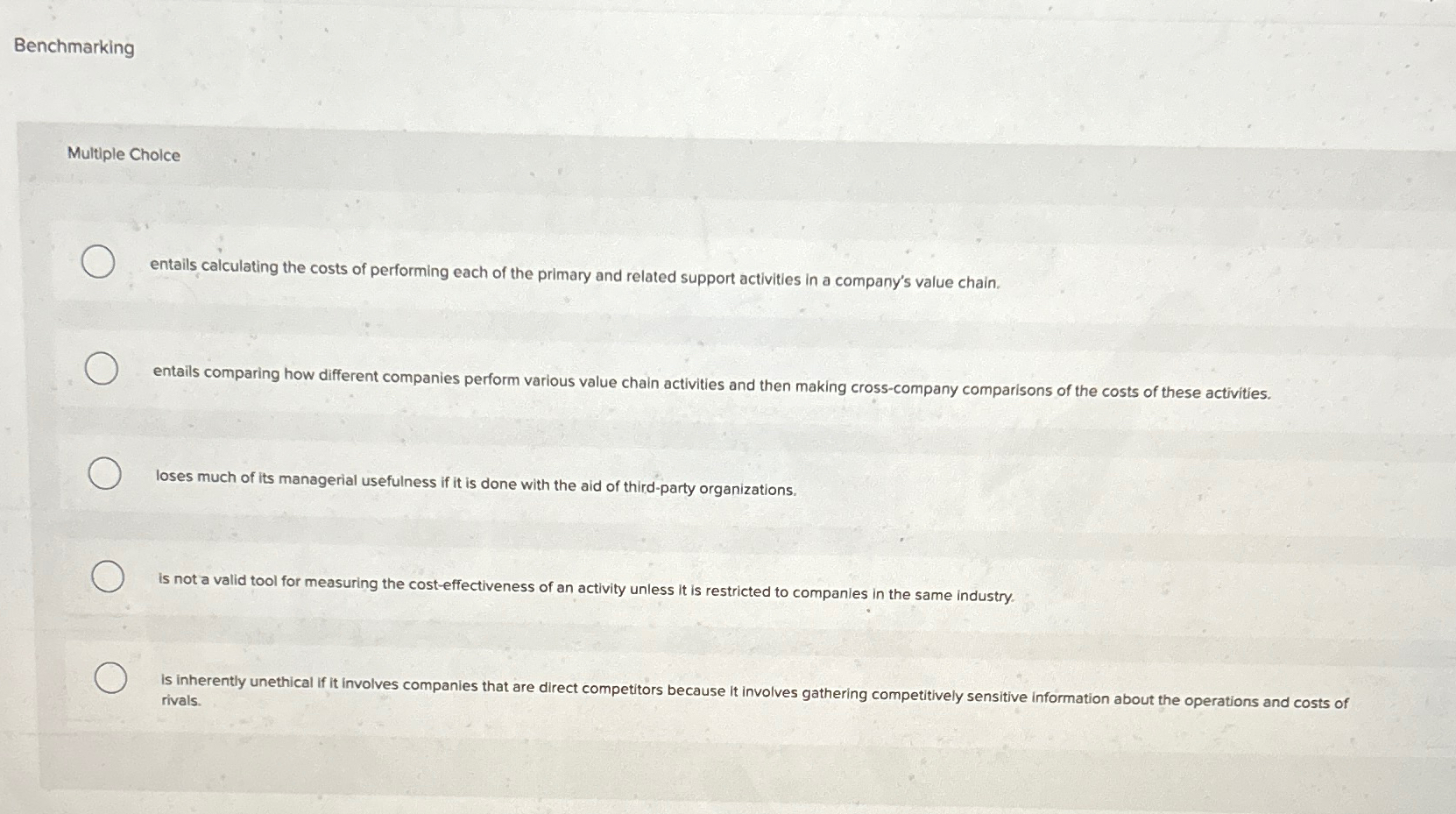 Solved BenchmarkingMultiple Choiceentails calculating the | Chegg.com