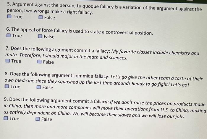 5. Argument against the person, tu quoque fallacy is | Chegg.com