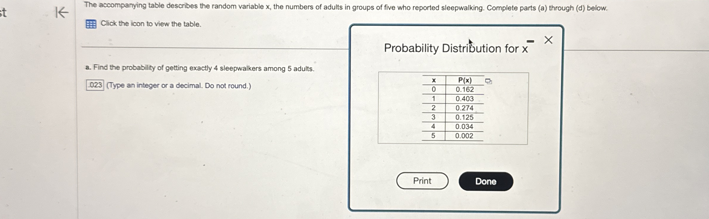 Solved The accompanying table describes the random variable | Chegg.com