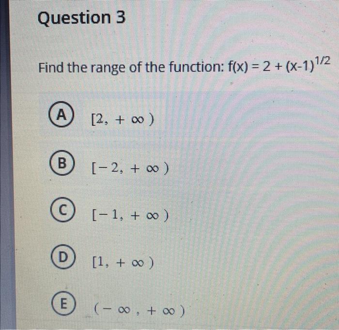 Solved Find the range of the function: f(x)=2+(x−1)1/2 | Chegg.com