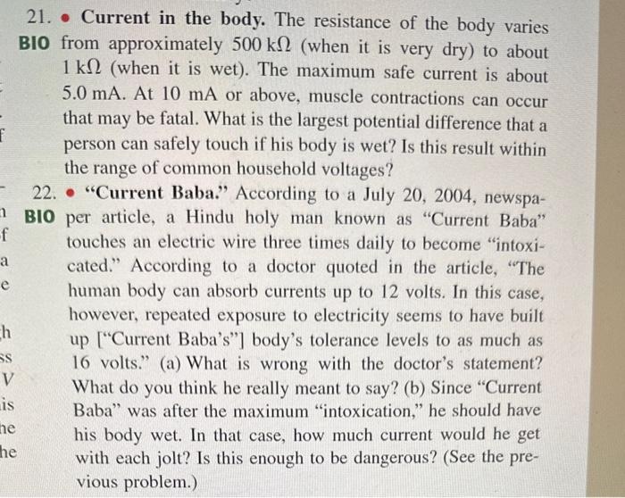 Solved 21. Current in the body. The resistance of the body | Chegg.com