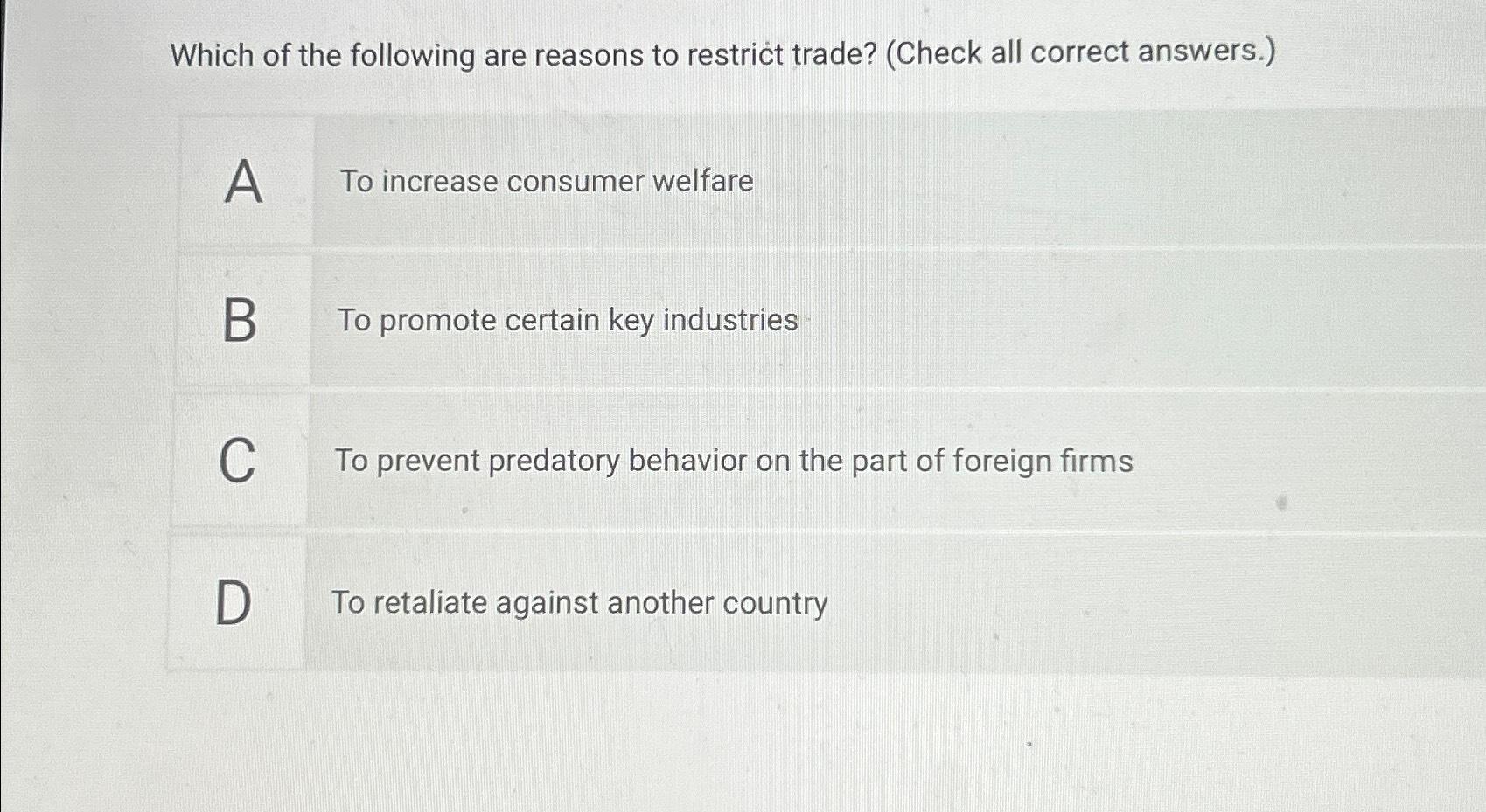 Solved Which of the following are reasons to restrict trade? | Chegg.com