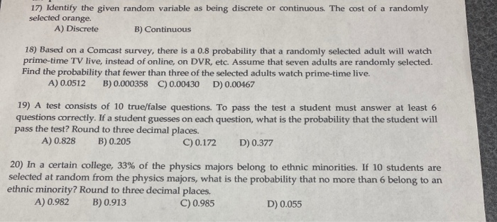 Solved 17) Identify the given random variable as being | Chegg.com