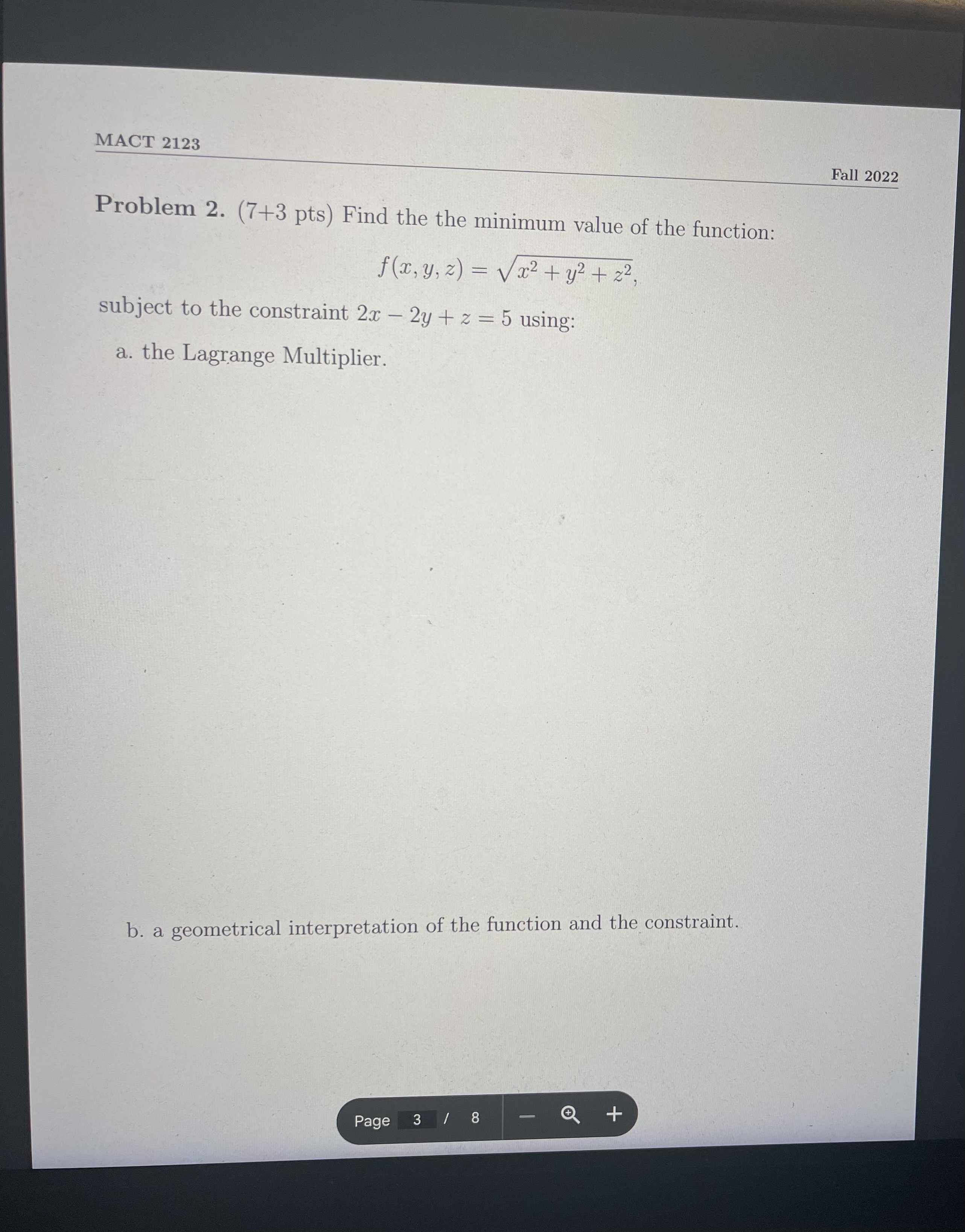 Problem 2. (7+3pts) ﻿Find the the minimum value of | Chegg.com