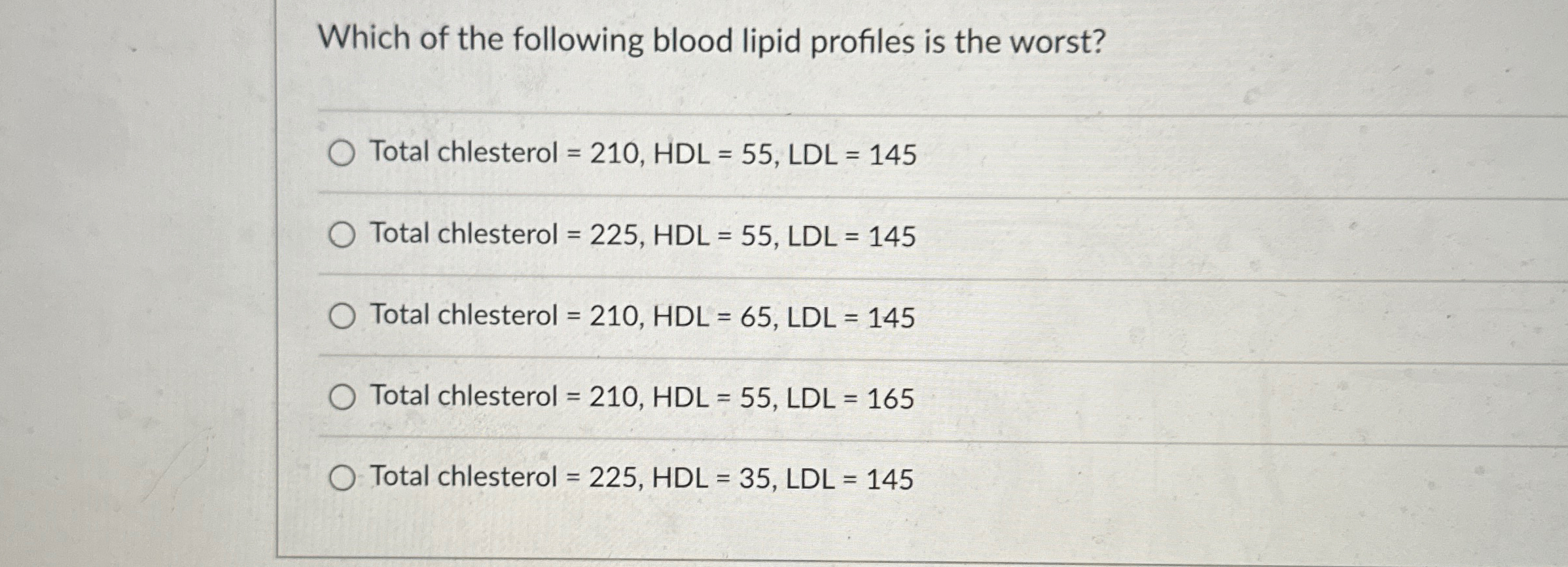 Solved Which of the following blood lipid profiles is the | Chegg.com