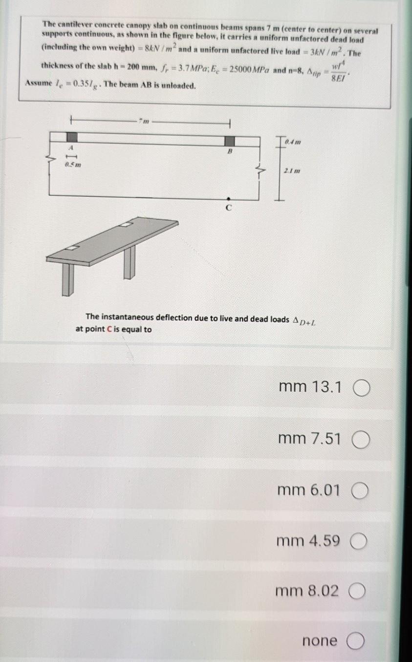Solved The cantilever concrete canopy slab on continuous | Chegg.com