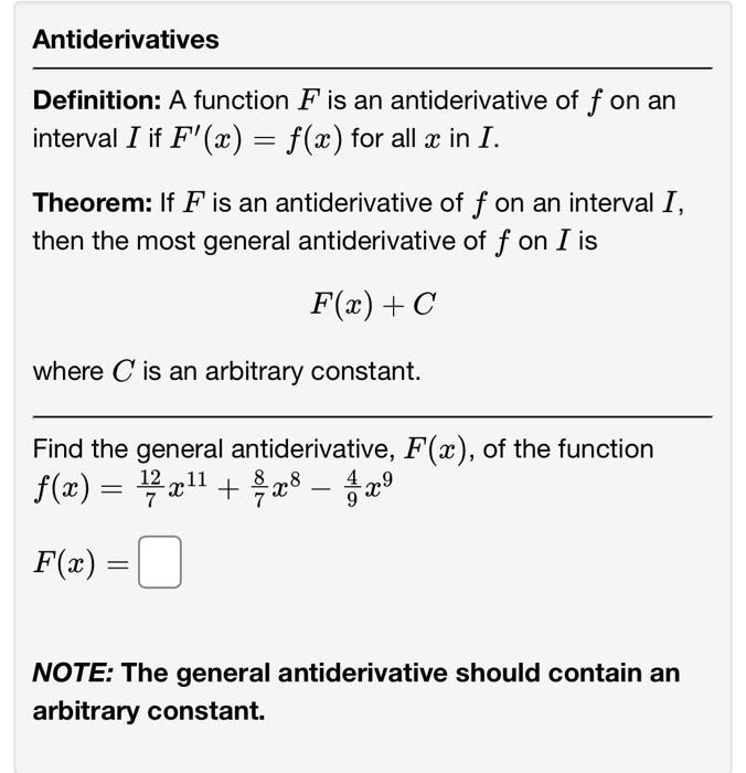 Solved Definition: A function F is an antiderivative of f on | Chegg.com