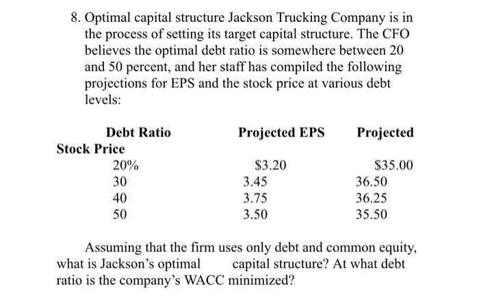 Solved 8. Optimal capital structure Jackson Trucking Company | Chegg.com