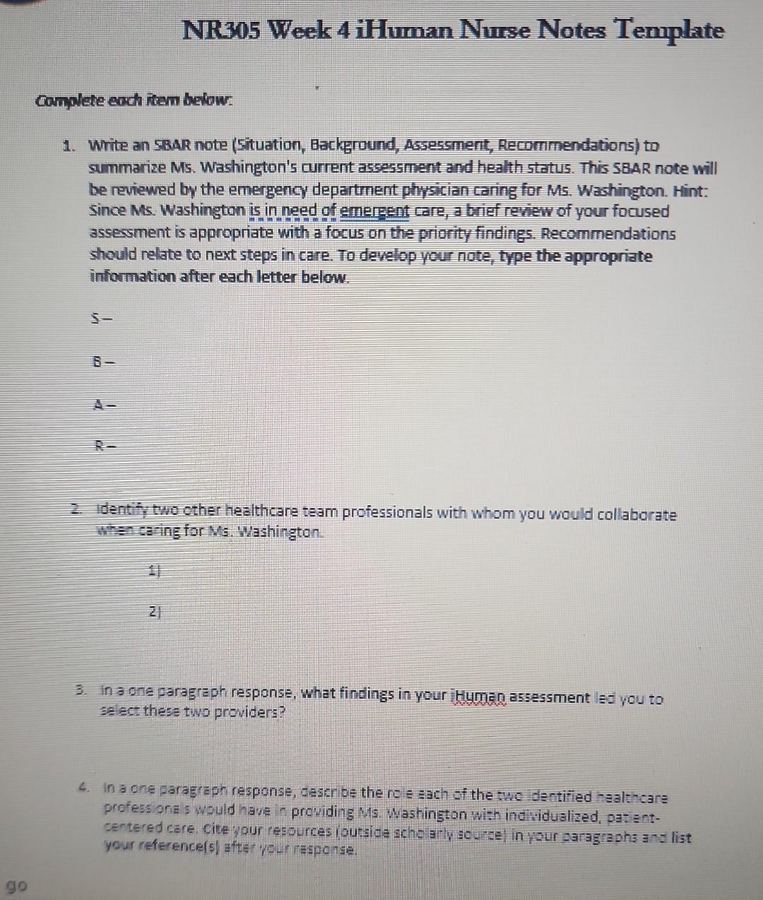 Solved NR305 Week 4 iHuman Nurse Notes Template Conjlete ecd | Chegg.com
