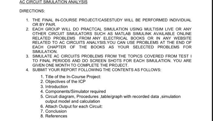Solved AC CIRCUIT SIMULATION ANALYSIS DIRECTIONS: 1. THE | Chegg.com