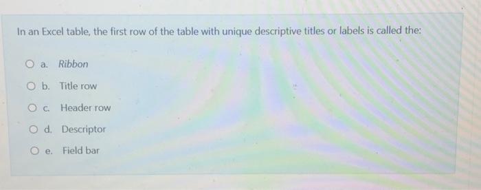 Solved In an Excel table, the first row of the table with | Chegg.com