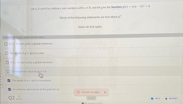 Solved Let a,h and k be arbitrary real numbers with a =0, | Chegg.com