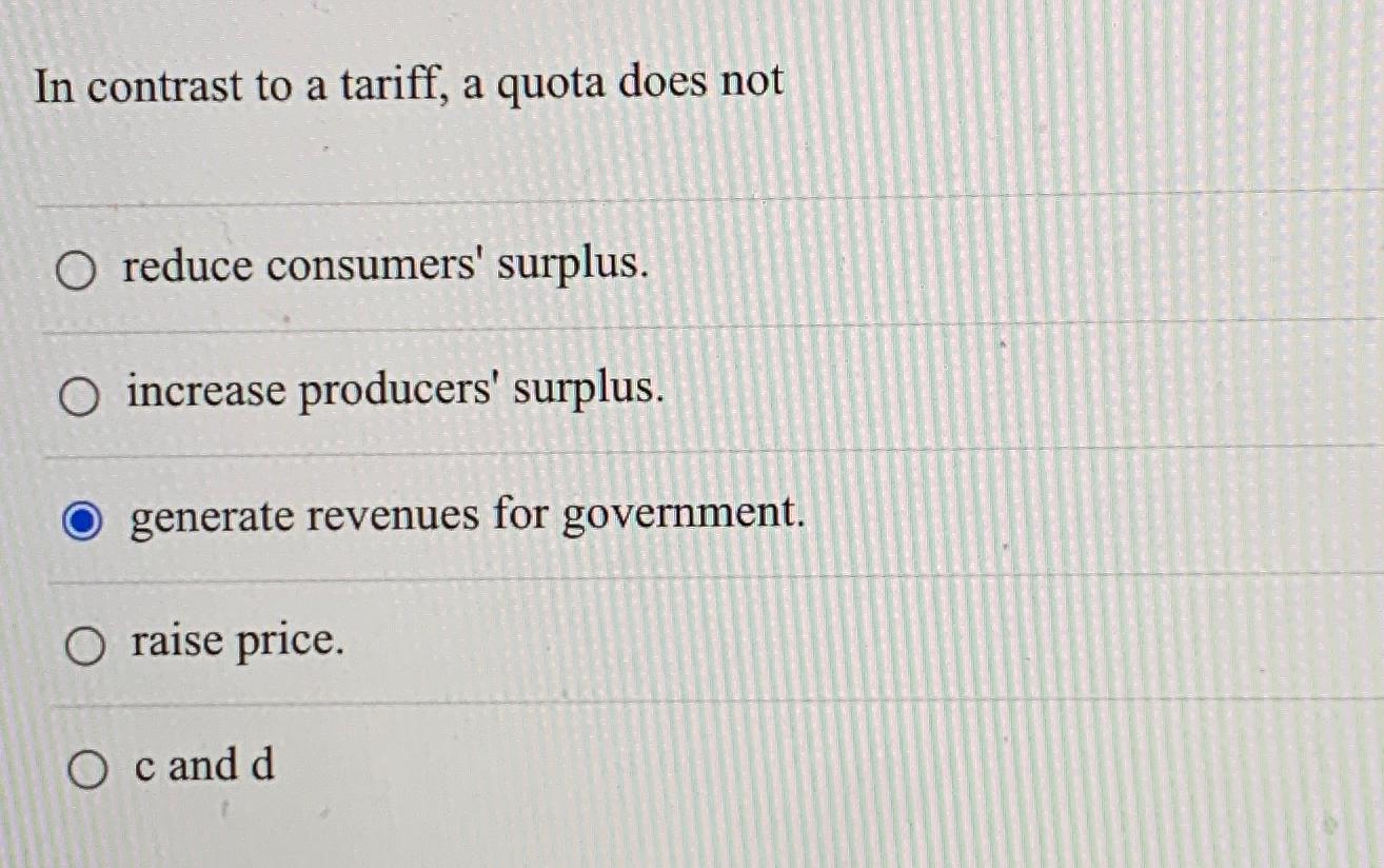 Solved In contrast to a tariff, a quota does notreduce | Chegg.com
