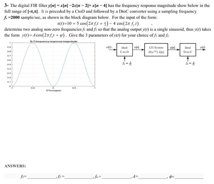 Solved 3- The digital FIR filter y∣n∣=x∣n∣−2x∣n−2∣+x∣n−4] | Chegg.com