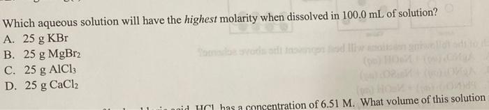 Solved Which aqueous solution will have the highest molarity | Chegg.com