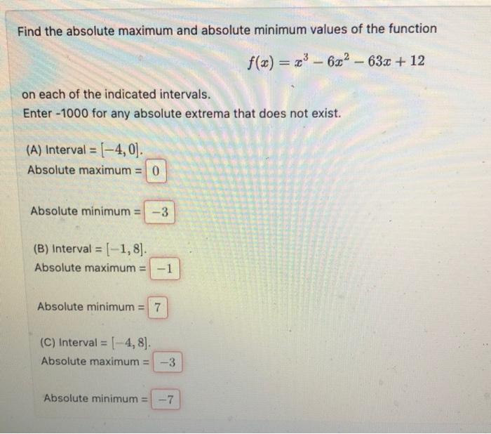 Solved Find the absolute maximum and absolute minimum values | Chegg.com