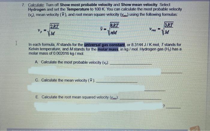 Solved H 7. Calculate: Turn off Show most probable velocity | Chegg.com