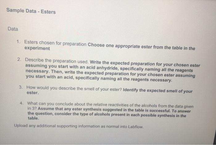 Solved Sample Data - Esters Data 1. Esters chosen for | Chegg.com
