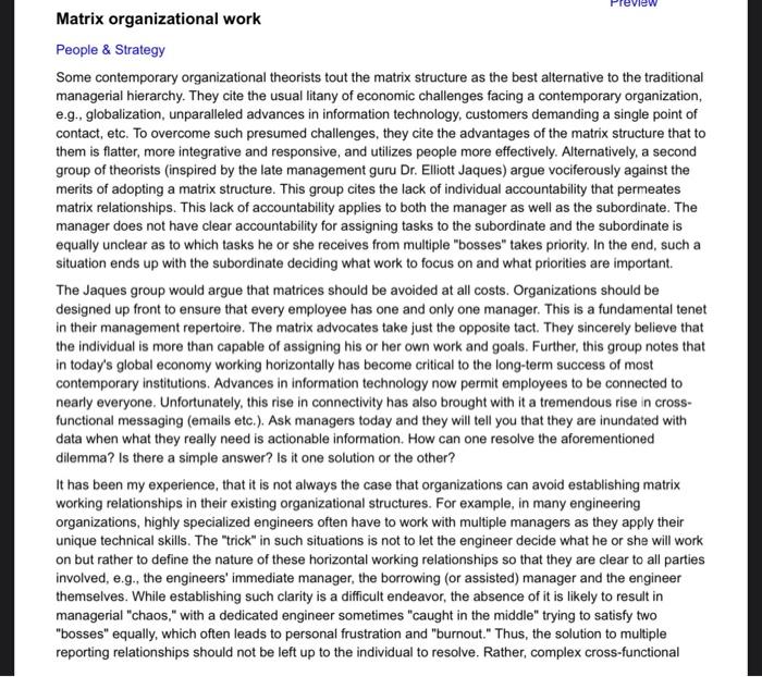 Solved Matrix organizational work People & Strategy Some | Chegg.com