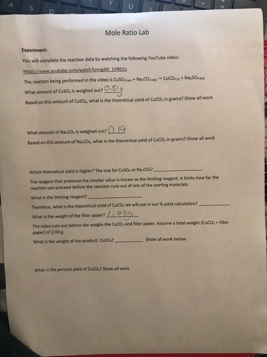 Solved А. Mole Ratio Lab Experiment: You will complete the | Chegg.com