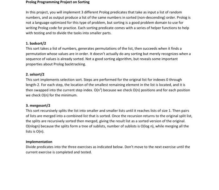 Solved Prolog Programming Project on Sorting In this | Chegg.com
