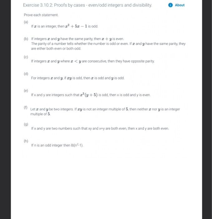Solved About Exercise 3.10.2: Proofs by cases - even/odd | Chegg.com
