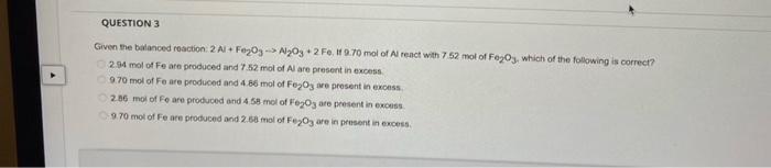 Solved Given the billaciced roaction: 2Al+Fe2O3→A2O3+2Fe, It | Chegg.com