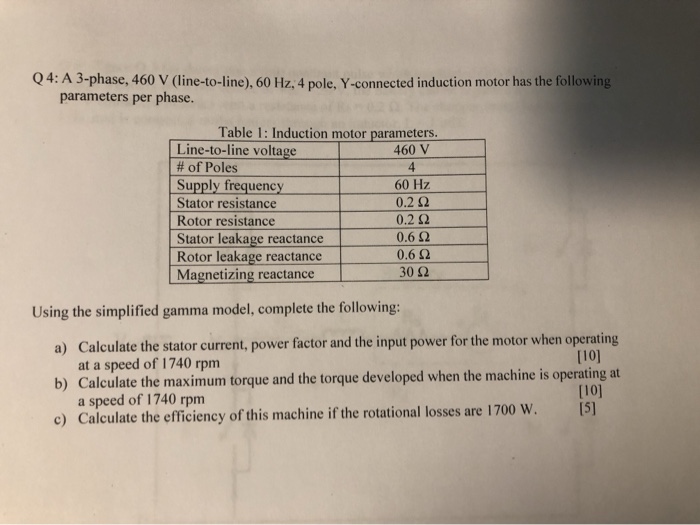 Solved Q4: A 3-phase, 460 V (line-to-line), 60 Hz, 4 pole, | Chegg.com