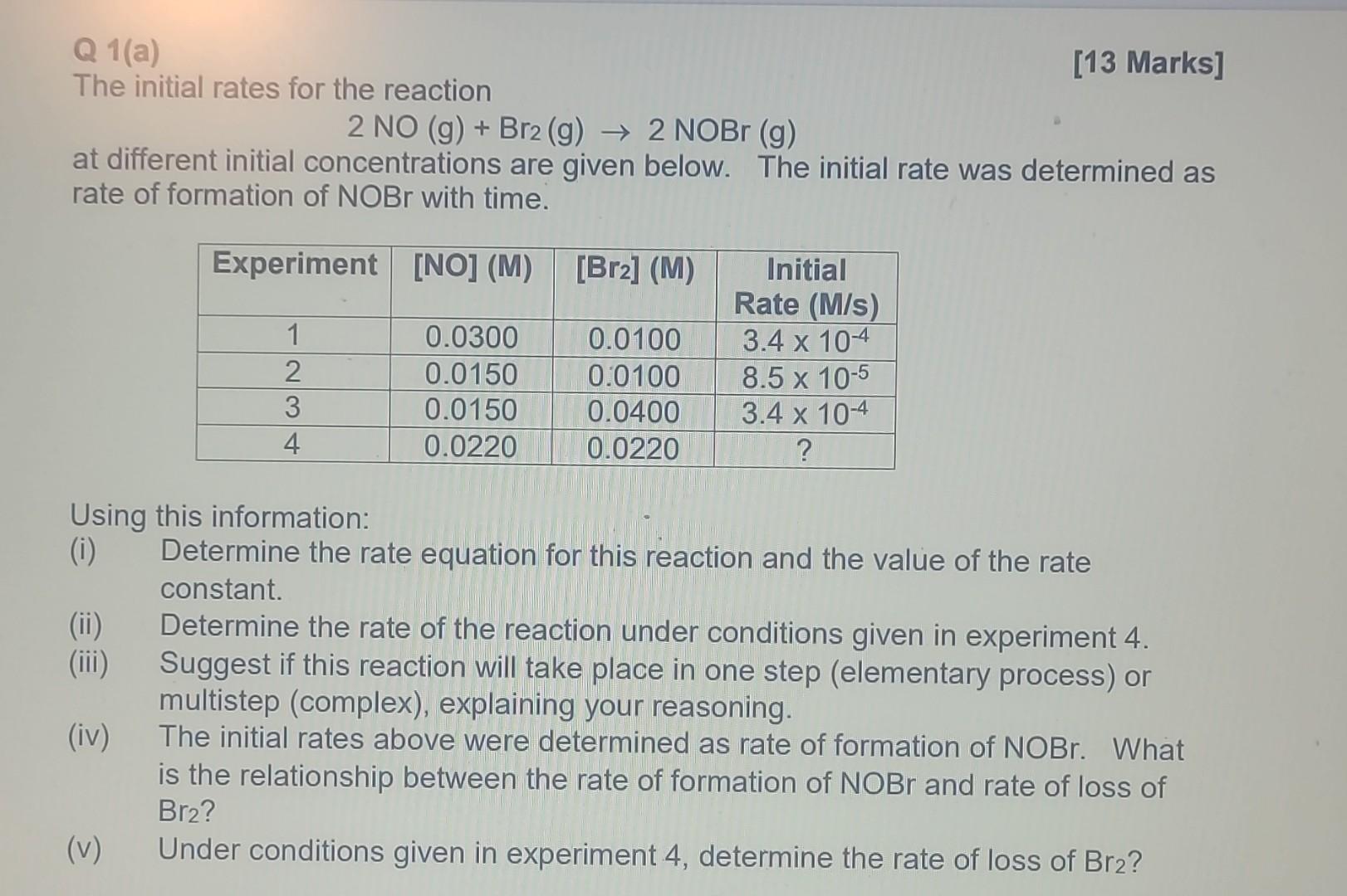 Solved 1(a) [13 Marks] The initial rates for the reaction | Chegg.com
