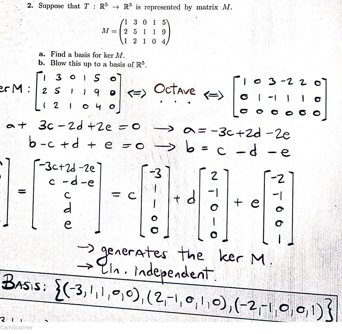 1) Suppose that T:R4 R3 is represented by matrix M. | Chegg.com