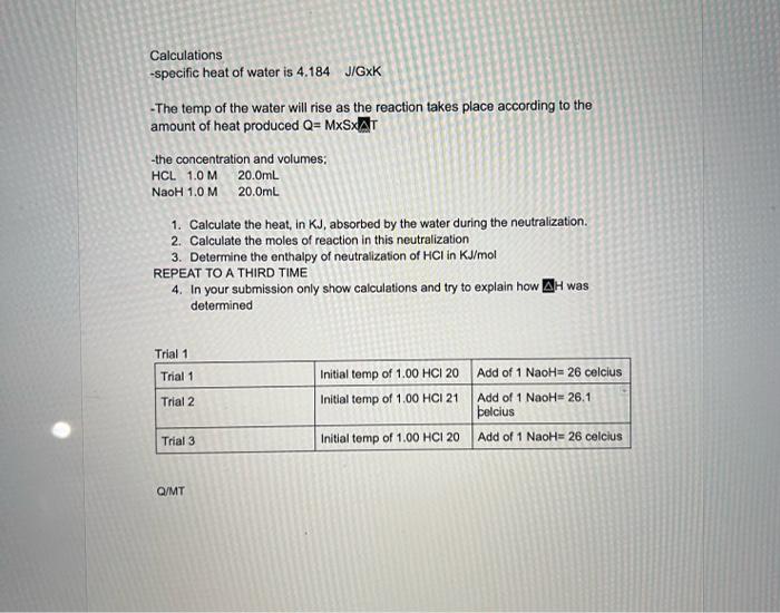 Solved -specific heat of water is 4.184 J/GxK -The temp of | Chegg.com
