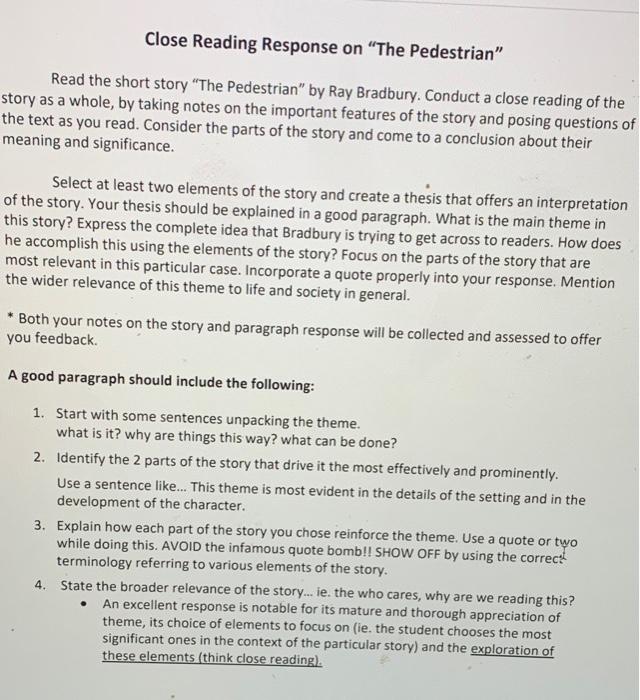 Close Reading Response on “The Pedestrian" Read the | Chegg.com