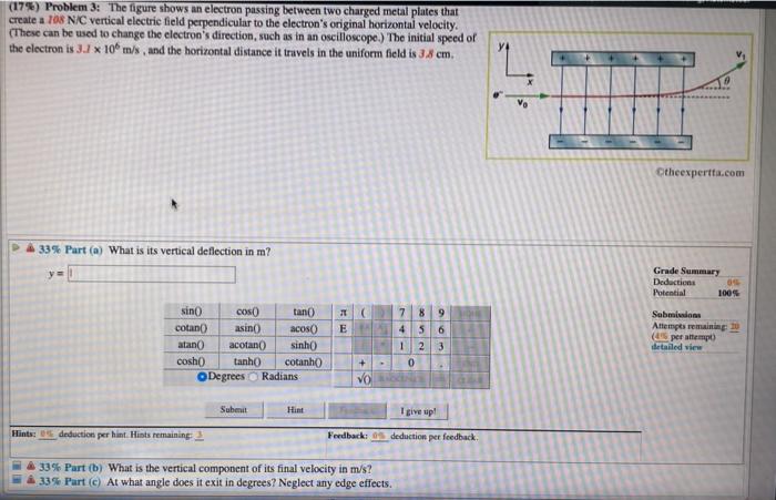 Solved (17%) Problem 3: The figure shows an electron passing | Chegg.com