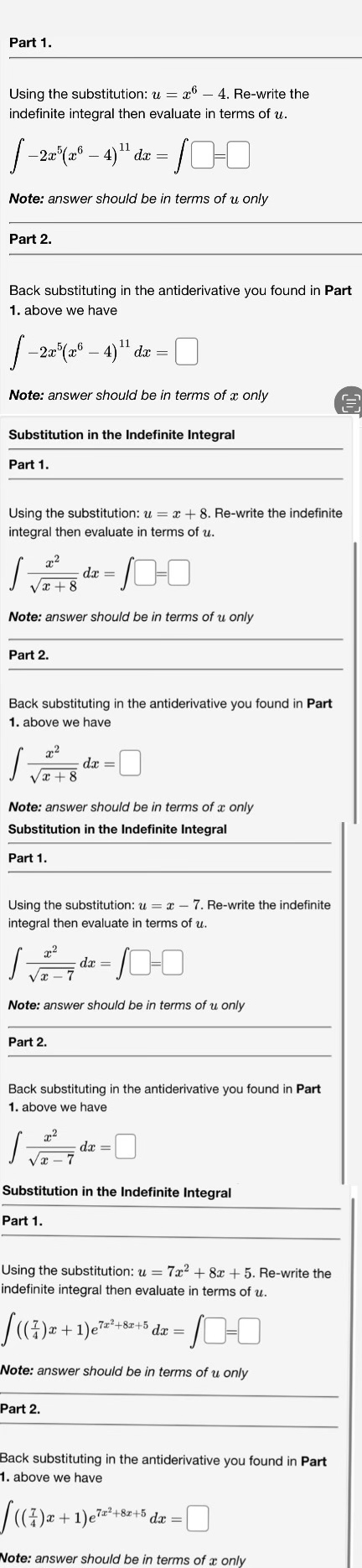 Solved Part 1.Using the substitution: u=x6-4. ﻿Re-write the | Chegg.com