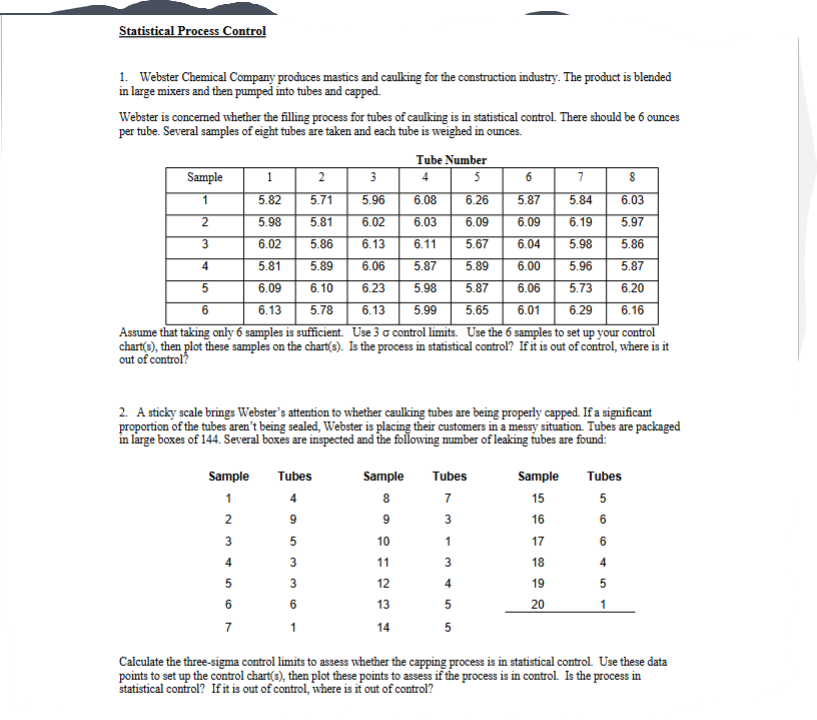 Solved Statistical Process Control 1. ﻿Webster Chemical | Chegg.com