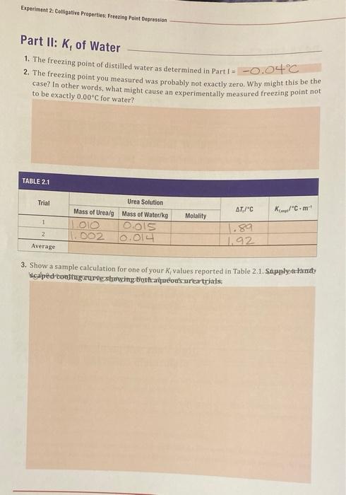 Solved Experiment 2. Colligative Properties: Freezing Point | Chegg.com