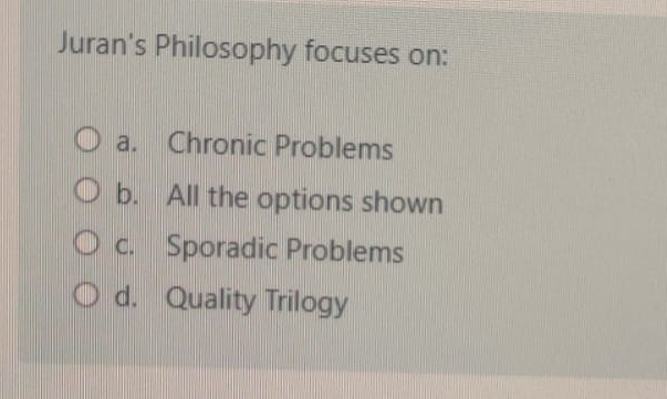 Solved Juran's Philosophy focuses on:a. ﻿Chronic Problemsb. | Chegg.com