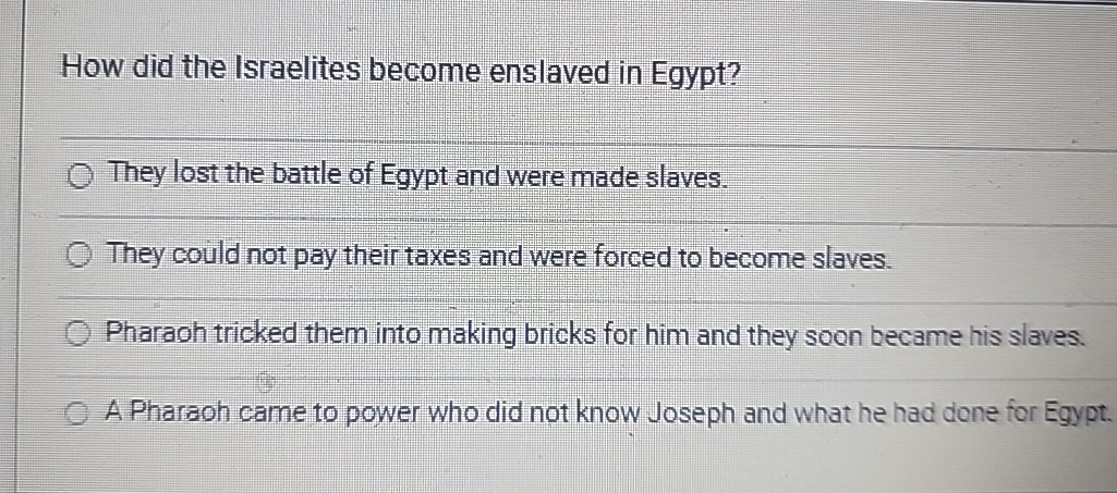 Solved How did the Israelites become enslaved in Egypt?They | Chegg.com
