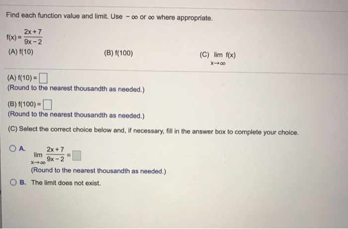 Solved Find each function value and limit. Use - or oo where | Chegg.com