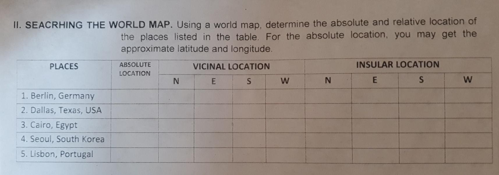 Solved II. SEACRHING THE WORLD MAP. Using a world map, | Chegg.com