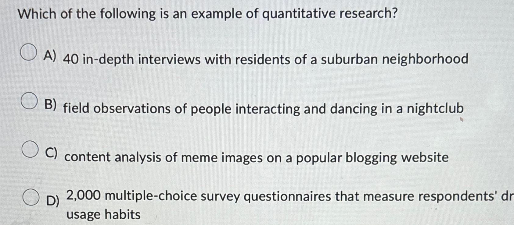 Solved Which of the following is an example of quantitative | Chegg.com