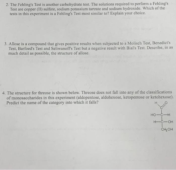 Solved 2. The Fehling's Test is another carbohydrate test. | Chegg.com