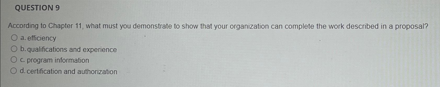Solved QUESTION 9According to Chapter 11 , ﻿what must you | Chegg.com