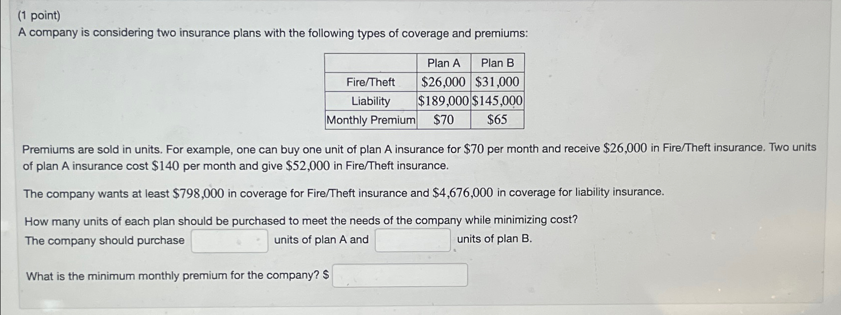 Solved (1 ﻿point)A company is considering two insurance | Chegg.com