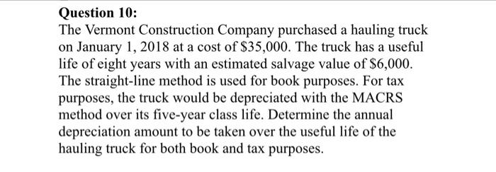 Solved Question 10: The Vermont Construction Company | Chegg.com