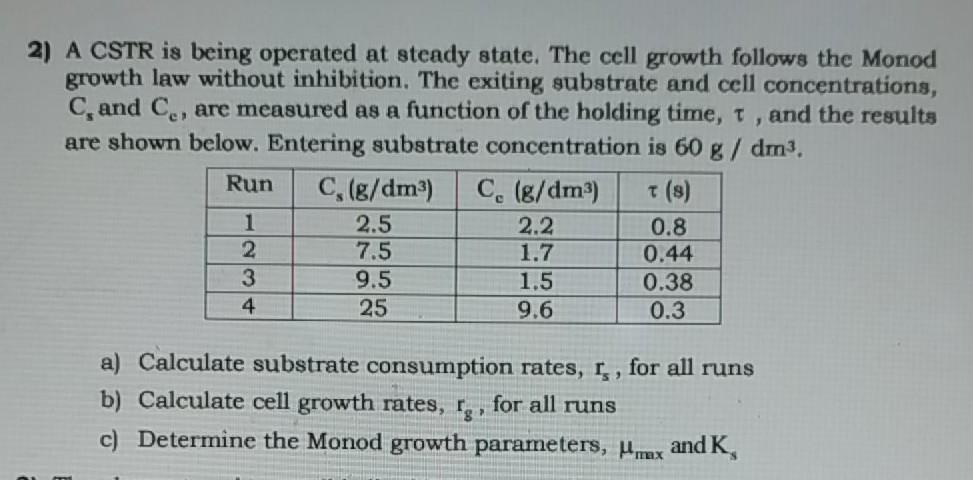 Solved 2) A CSTR is being operated at steady state. The cell | Chegg.com